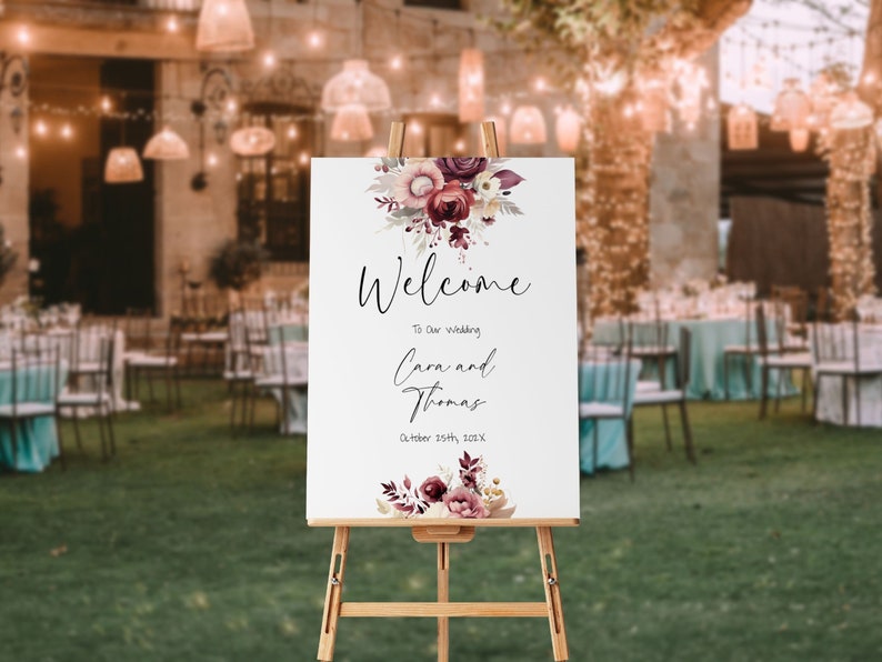 Burgundy Wedding Welcome Sign Poster, Roses Welcome Sign Template ...