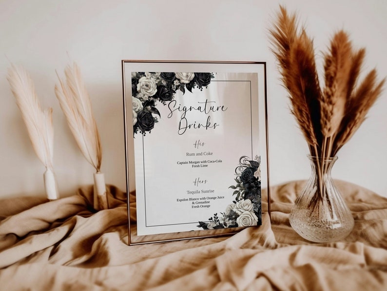 Gothic Wedding Signature Cocktails Sign, Black and White Roses (digital ...