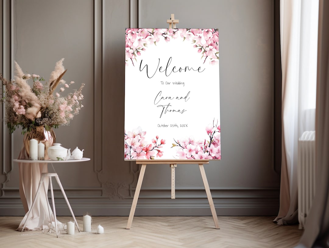 Cherry Blossom Wedding Welcome Sign Poster, Pink Floral Welcome Sign ...