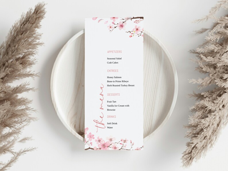 Cherry Blossom Wedding Menu Template, Spring Dinner Menu, Editable ...