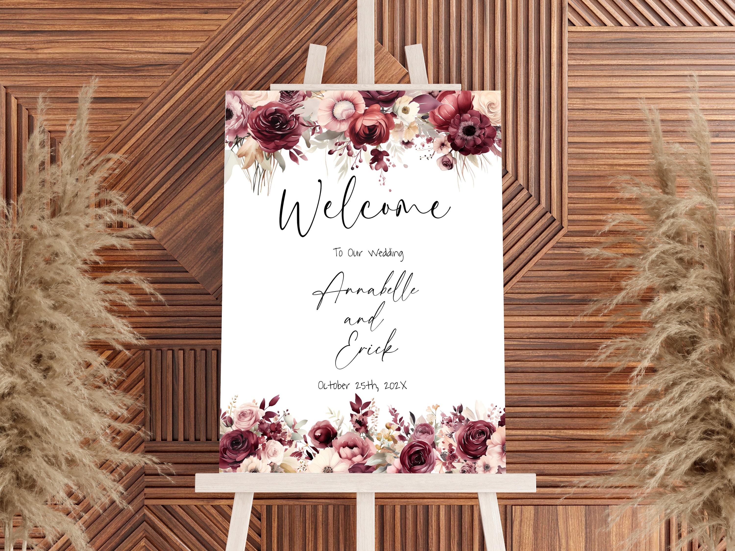 Burgundy Wedding Welcome Sign Poster, Roses Welcome Sign Template ...