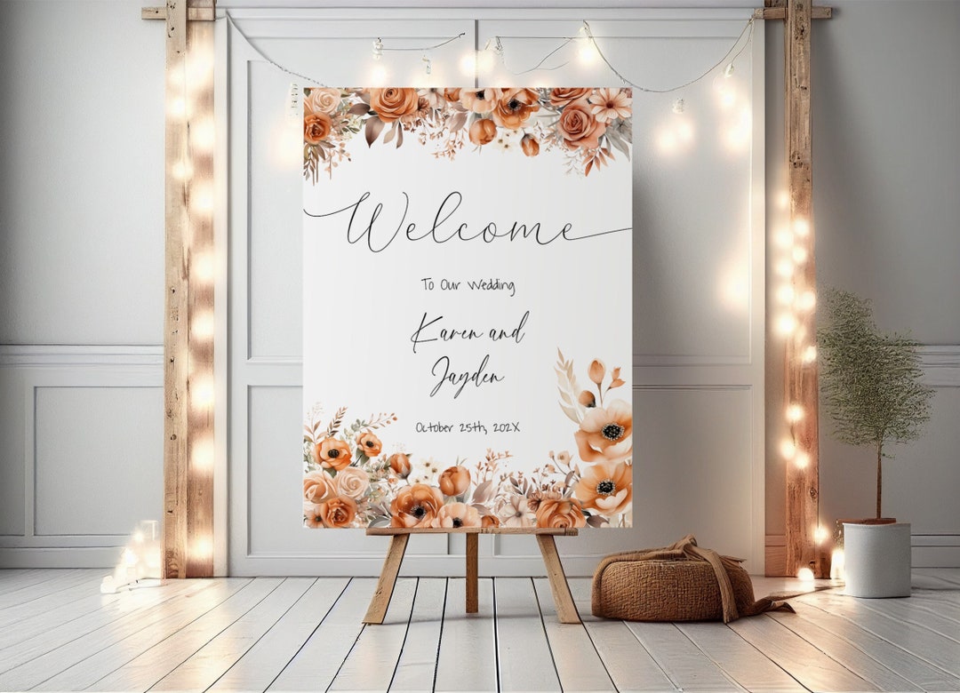 Fall Wedding Welcome Sign Poster, Orange Floral Welcome Sign Template ...