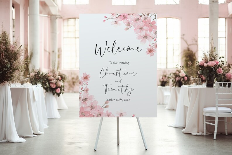 Cherry Blossom Wedding Welcome Sign Poster, Pink Floral Welcome Sign ...