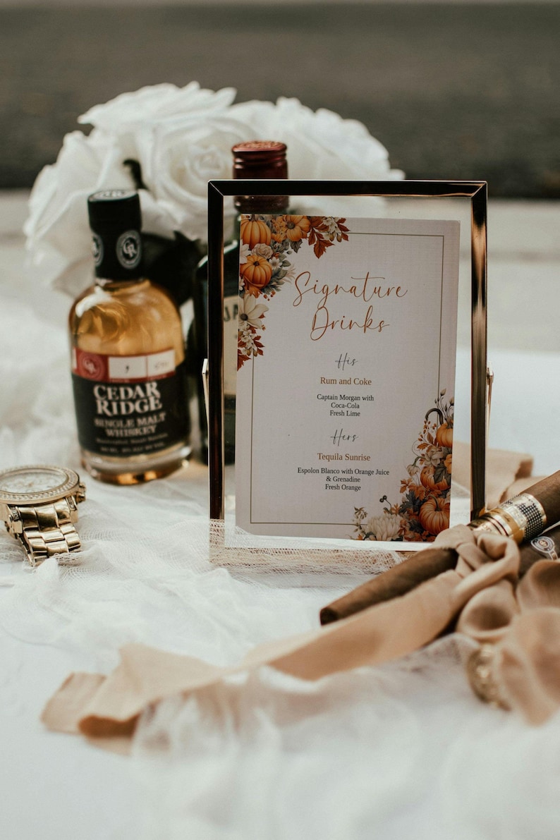 Autumn Pumpkin Floral Signature Cocktail Sign, Fall Wedding (digital ...