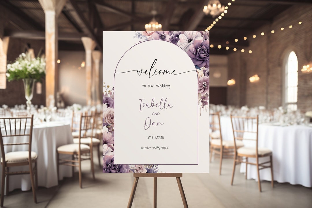 Lilac Wedding Welcome Sign Poster, Purple Floral Welcome Sign Template ...