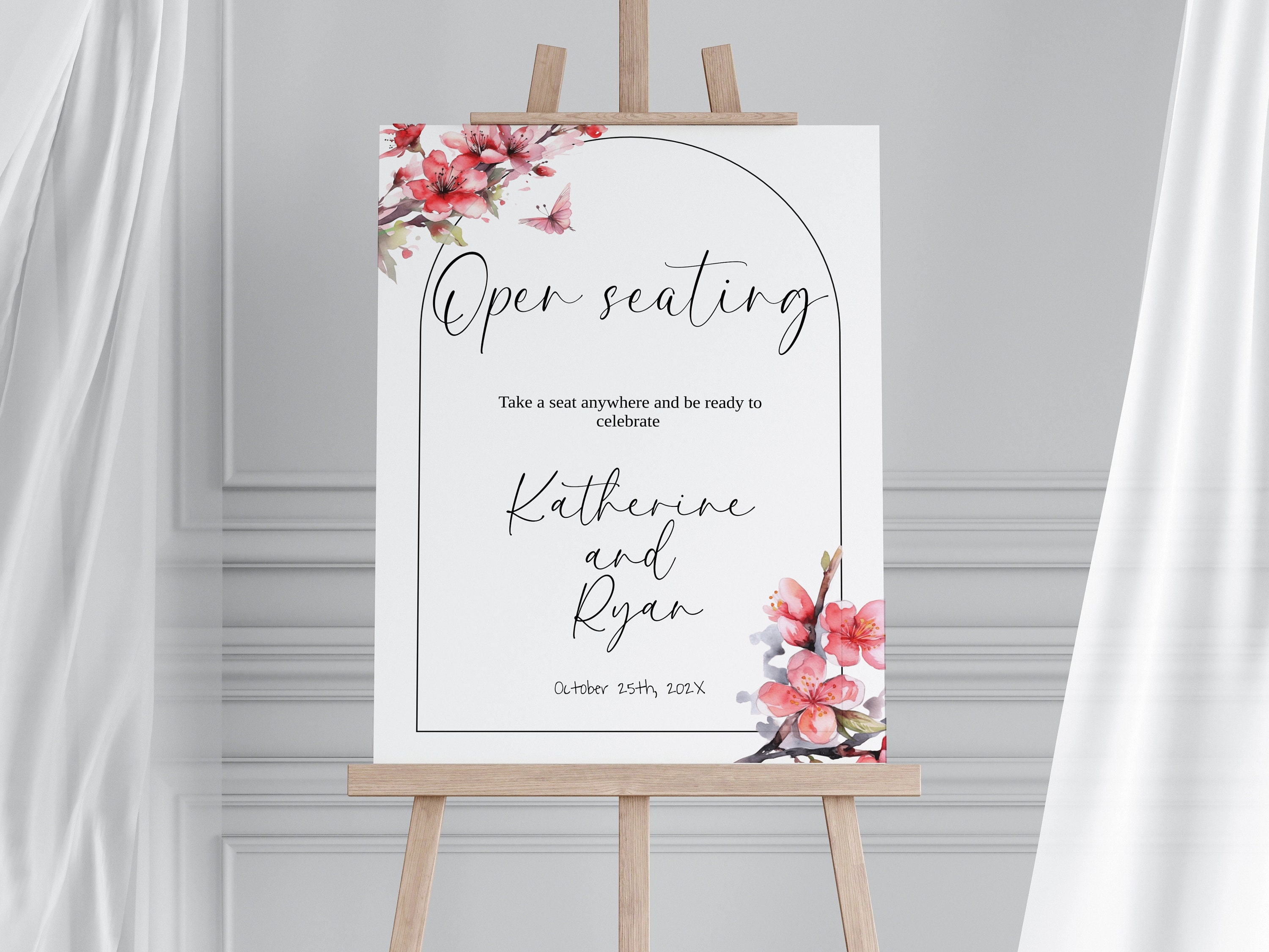 Cherry Blossom Wedding Open Seating Sign Poster, Seating Sign Template ...
