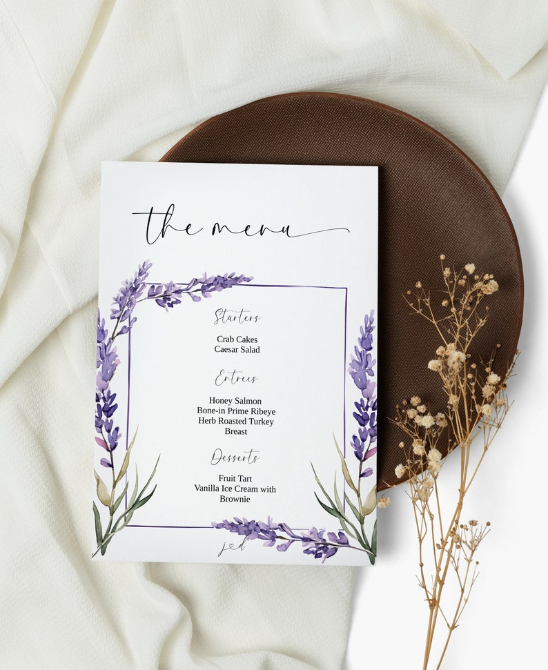Lavender Wedding Menu Template, Purple Dinner Menu, Editable Reception ...