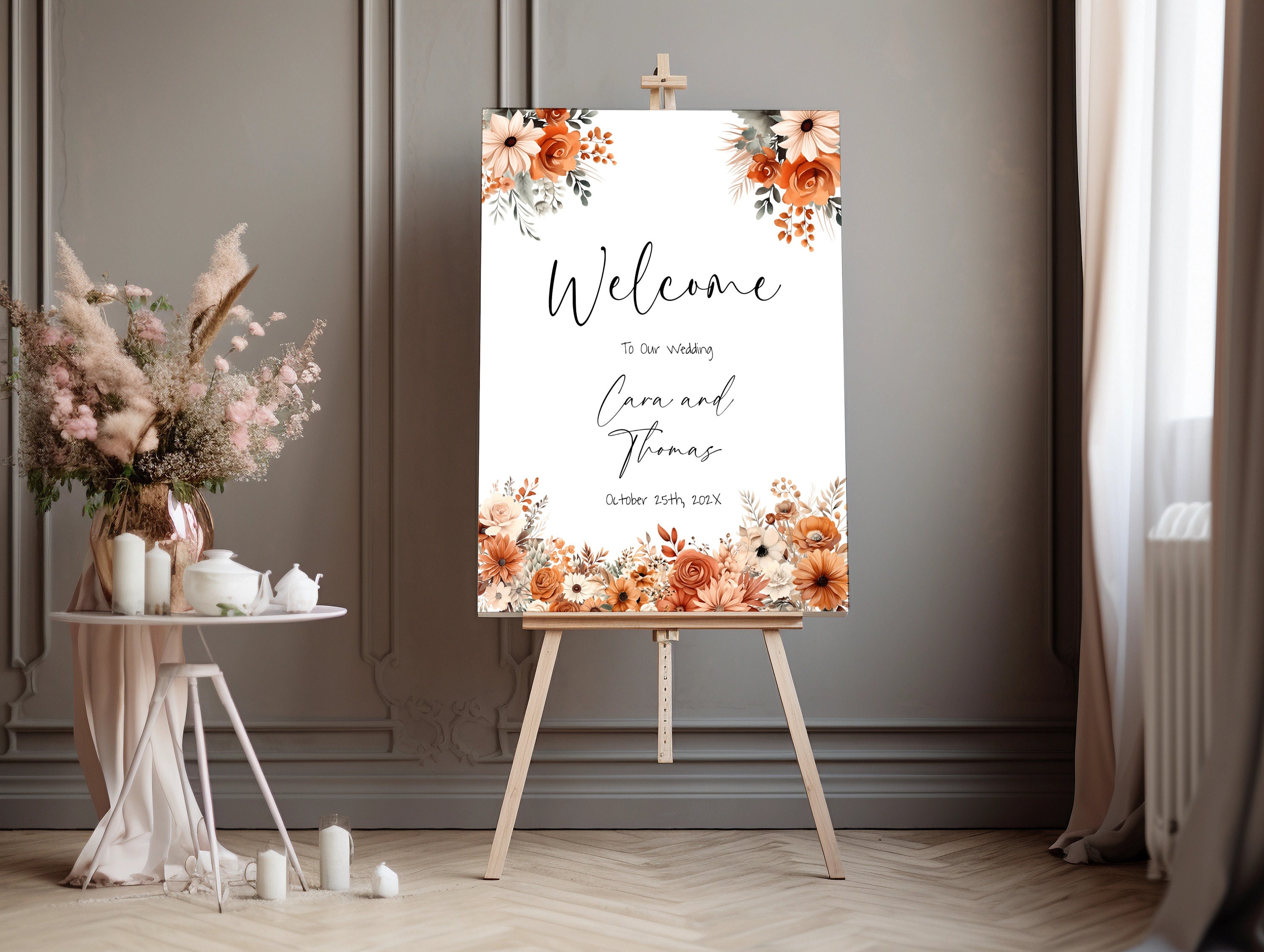 Fall Wedding Welcome Sign Poster, Orange Floral Welcome Sign Template ...