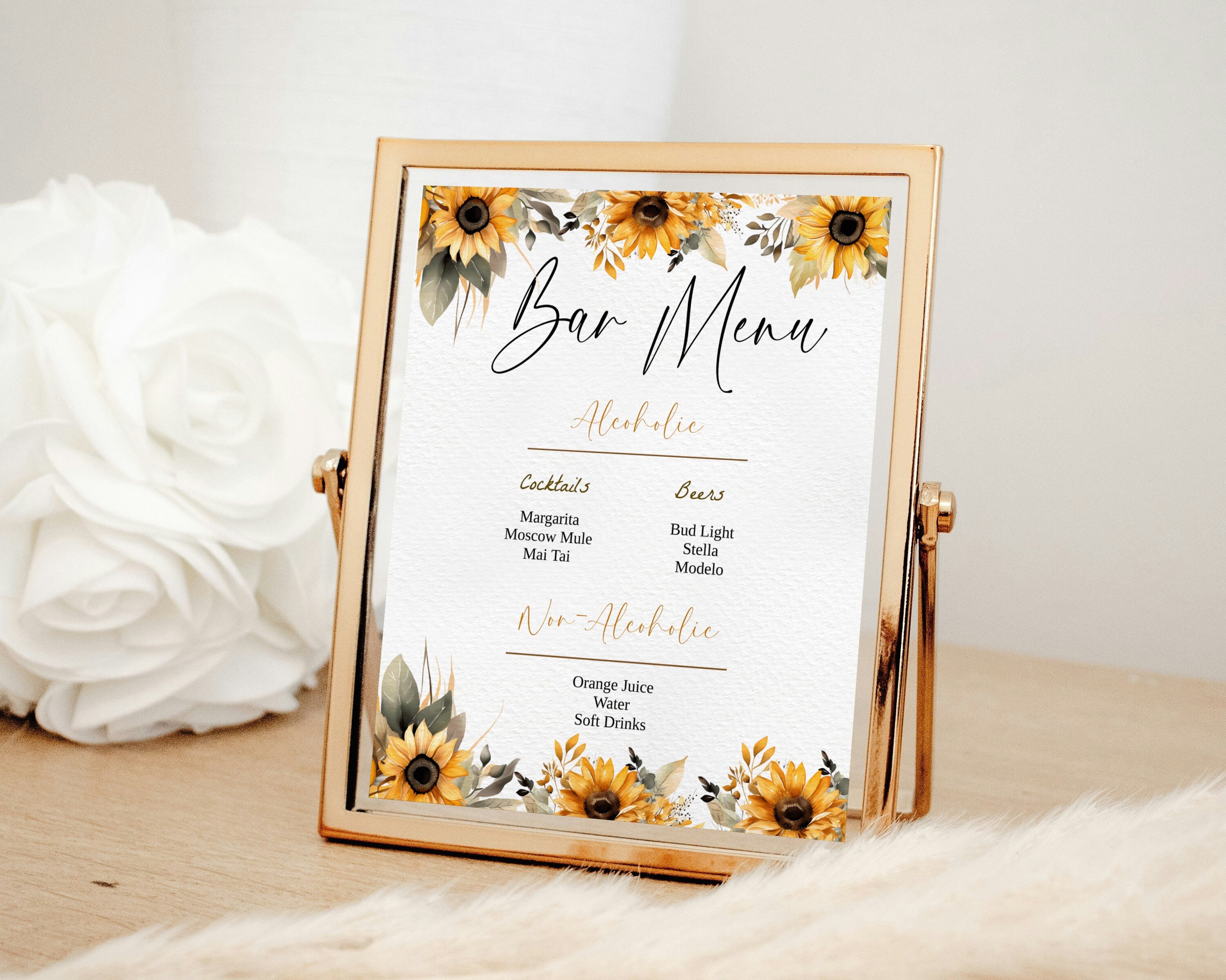 Sunflower Open Bar Menu Template, Printable Menu, Summer Wedding ...