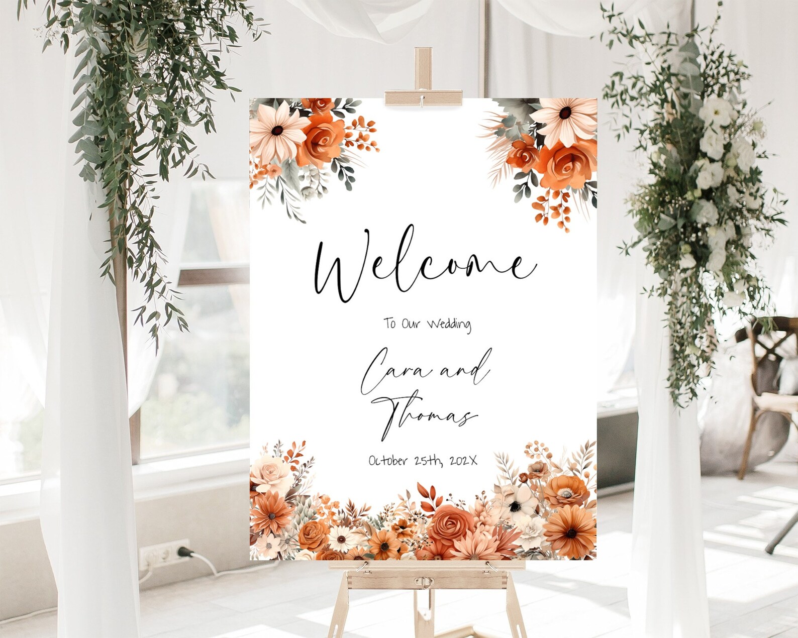 Fall Wedding Welcome Sign Poster, Orange Floral Welcome Sign Template ...