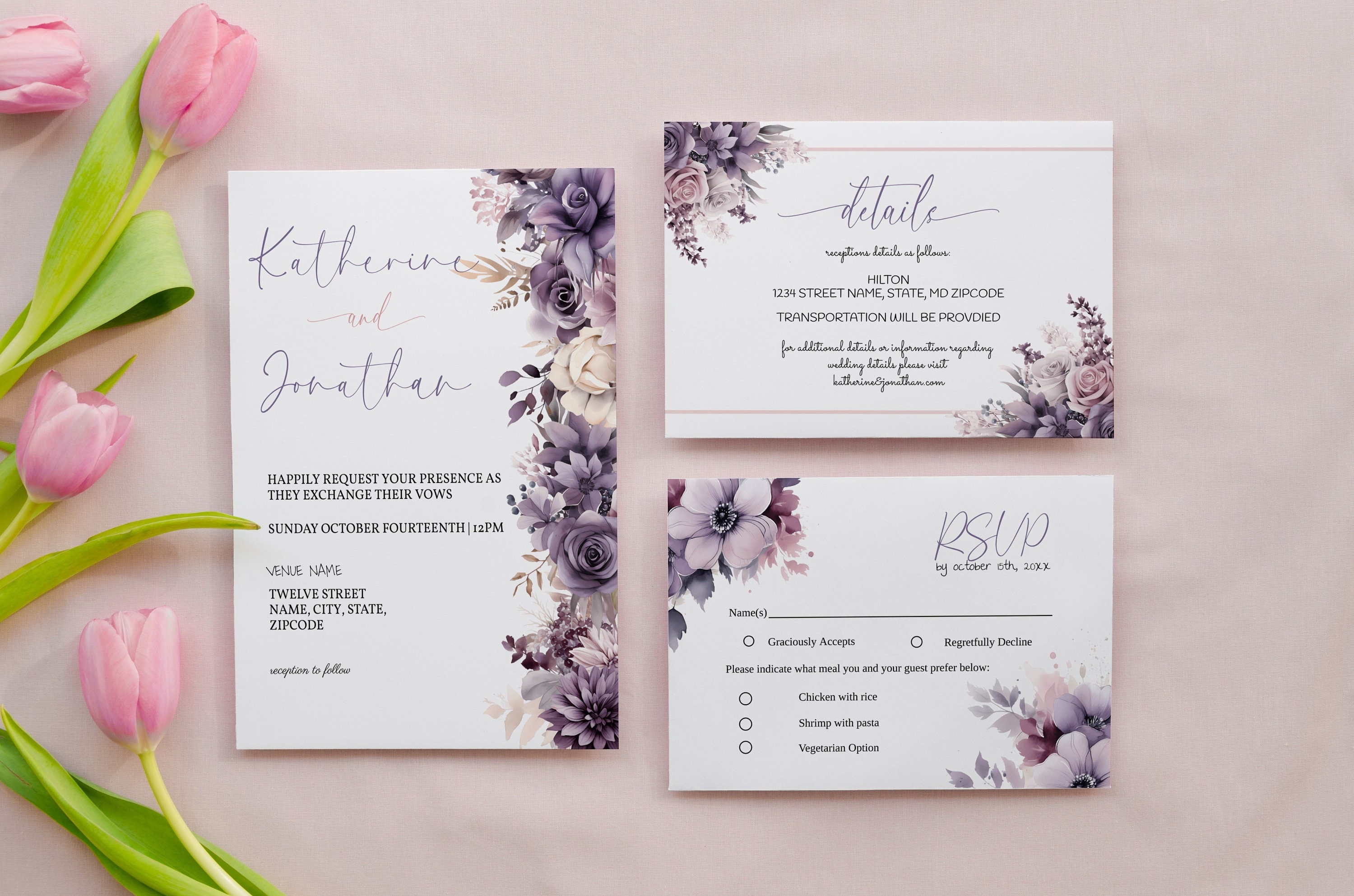 Purple Floral Wedding Invitation Template, Lilac Wedding Invite Set ...