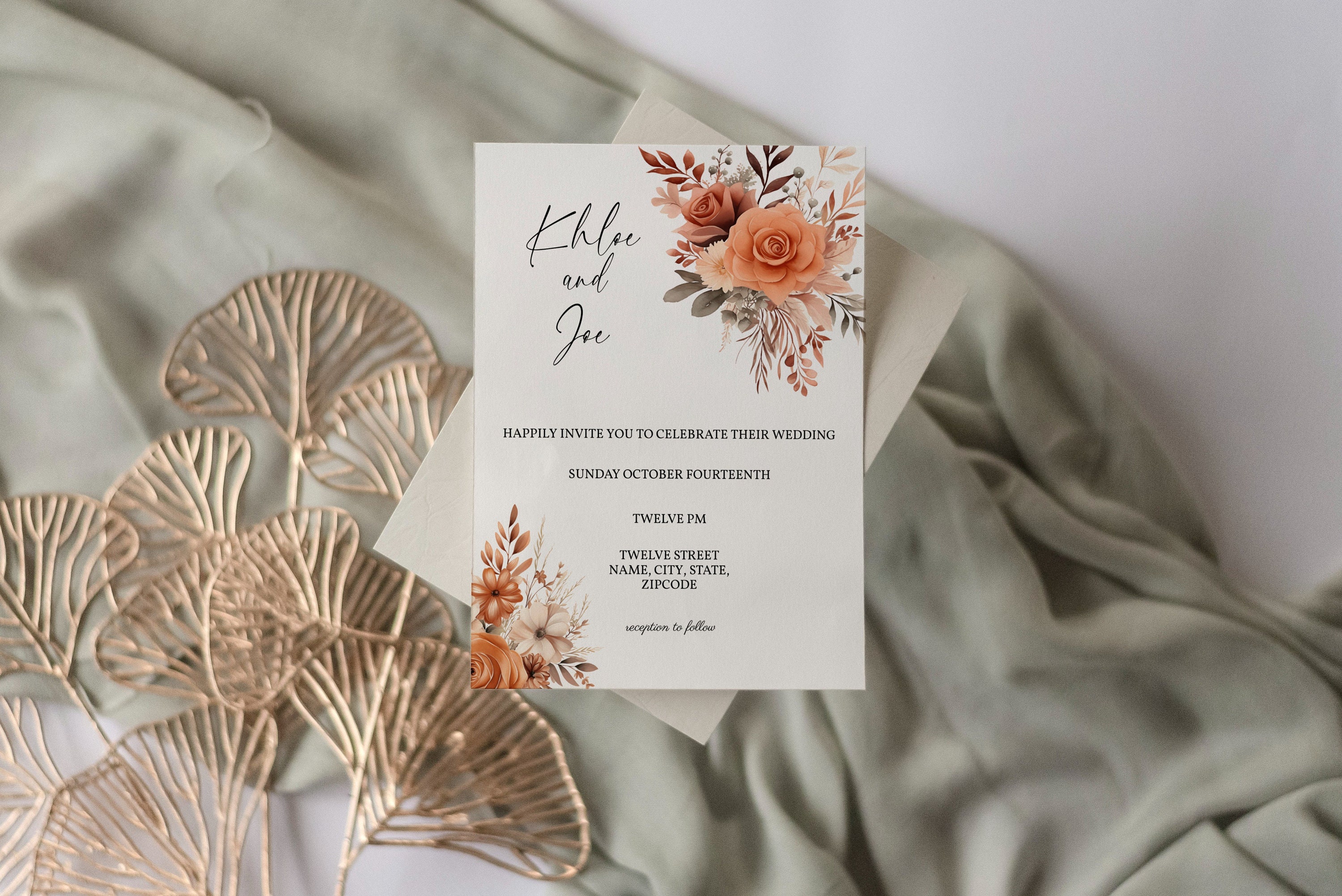 Orange Floral Wedding Invitation Template Fall Wedding Invite - Etsy