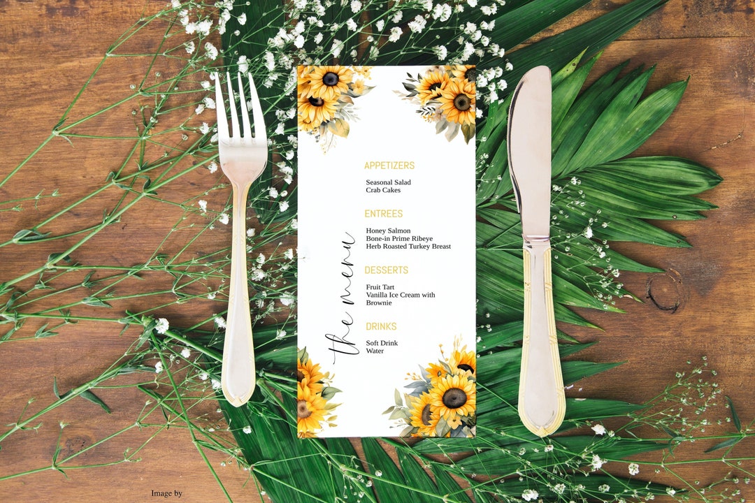 Sunflower Wedding Menu Template, Summer Dinner Menu, Editable Reception ...