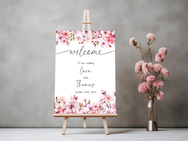 Cherry Blossom Wedding Welcome Sign Poster, Pink Floral Welcome Sign ...