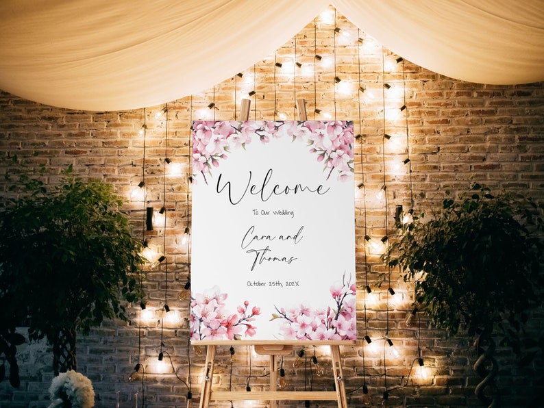 Cherry Blossom Wedding Welcome Sign Poster, Pink Floral Welcome Sign ...