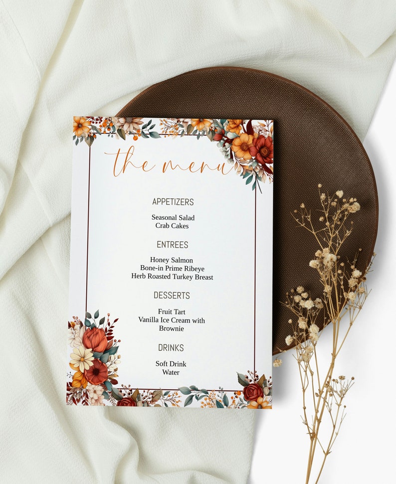Fall Wedding Menu Template, Orange Floral Dinner Menu, Editable ...