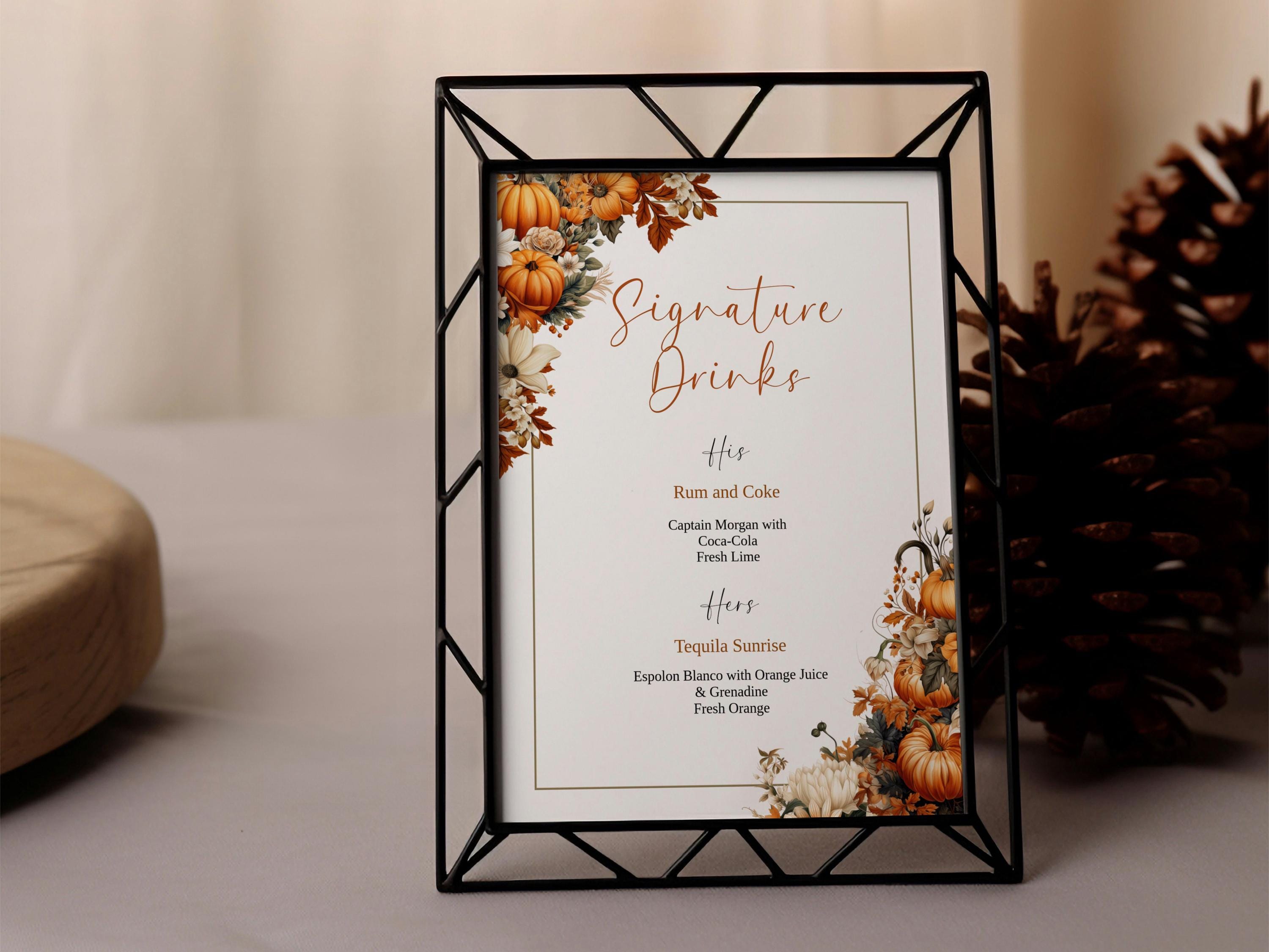 Autumn Pumpkin Floral Signature Cocktail Sign, Fall Wedding (digital ...