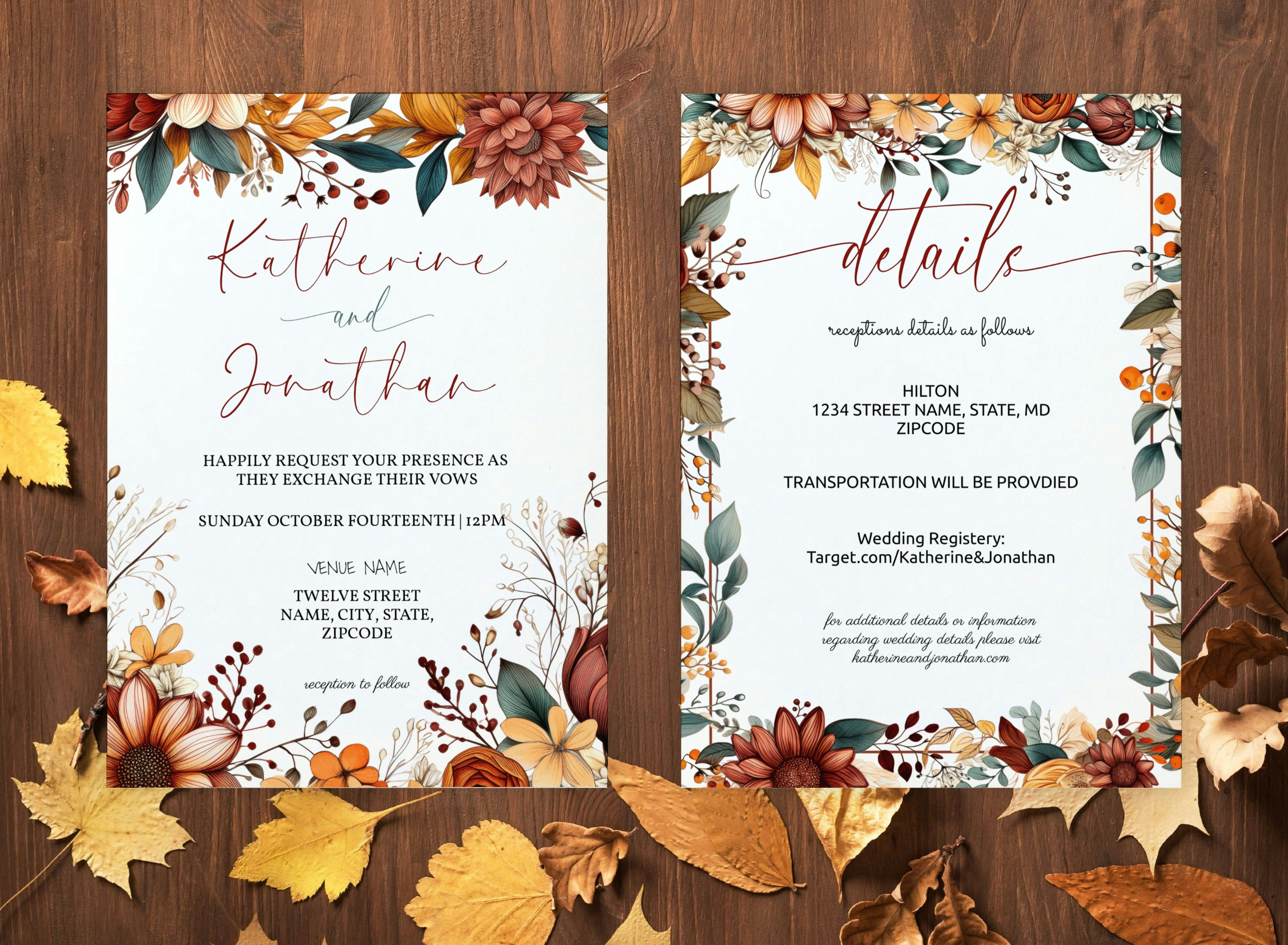 Autumn Floral Wedding Invitation Template, Fall Invite Set (digital ...