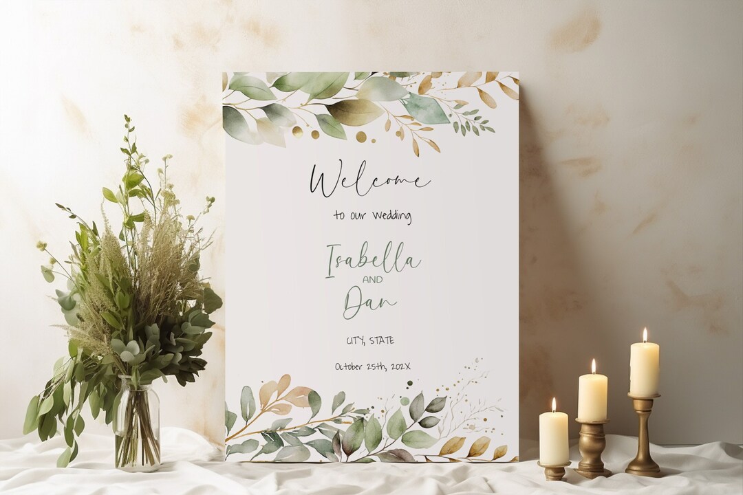Foliage Wedding Welcome Sign Poster, Leafy Welcome Sign Template, 24x36 ...