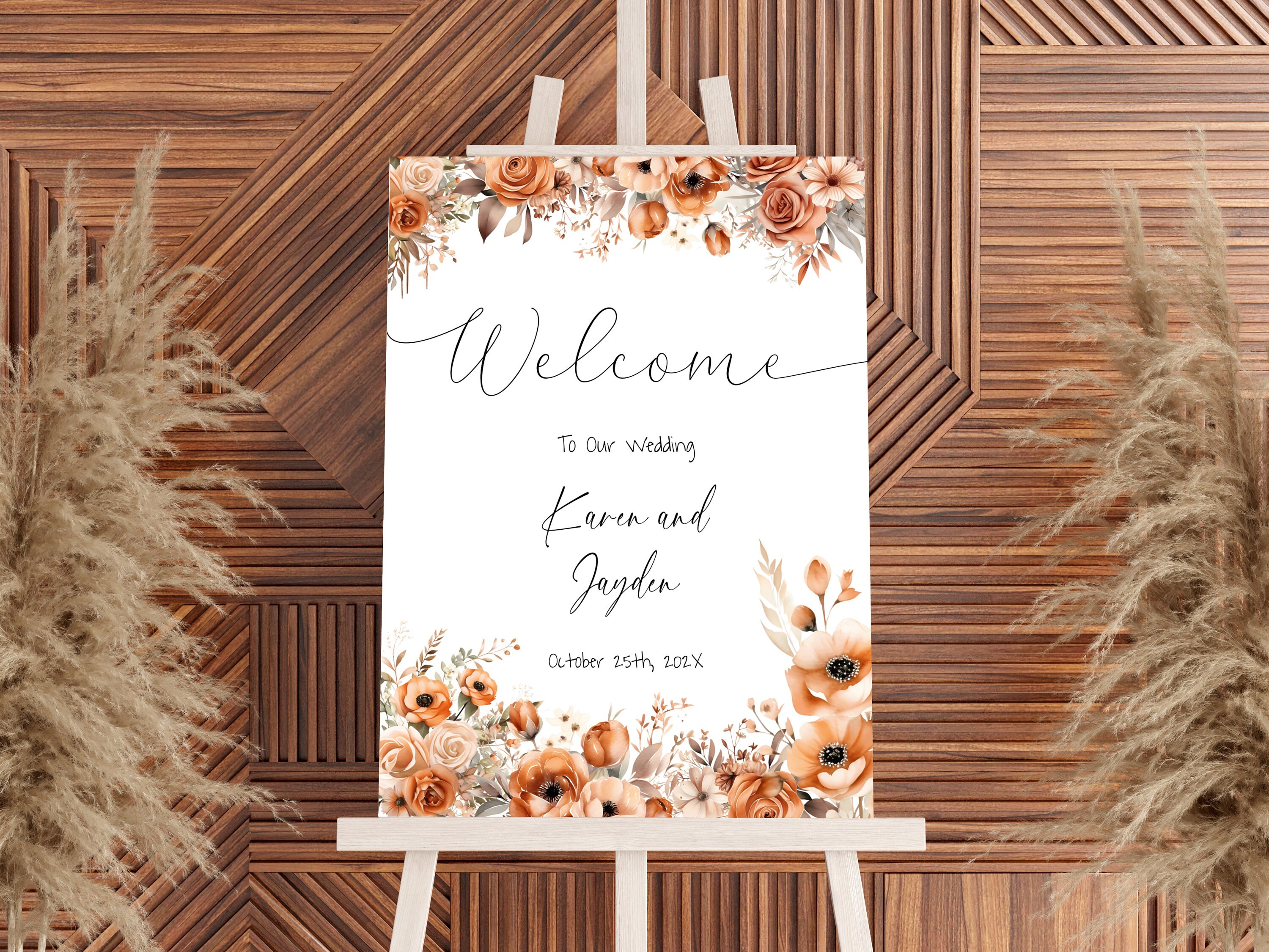Fall Wedding Welcome Sign Poster, Orange Floral Welcome Sign Template ...