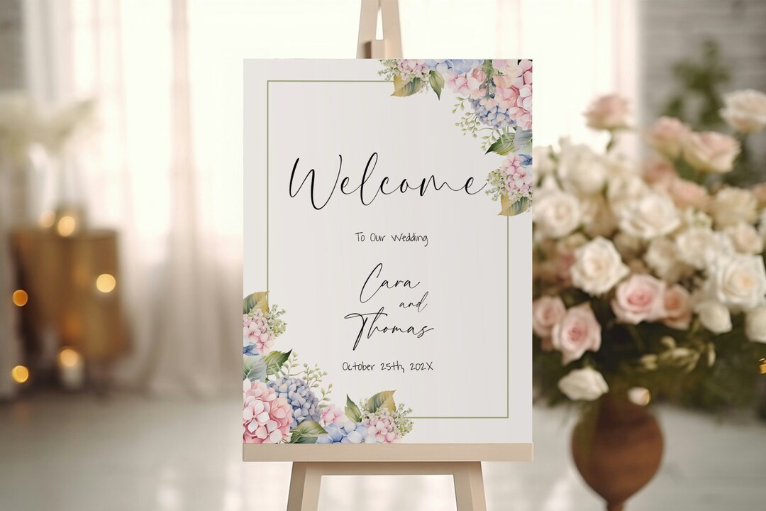 Hydrangea Wedding Welcome Sign Poster, Pastel Welcome Sign Template ...