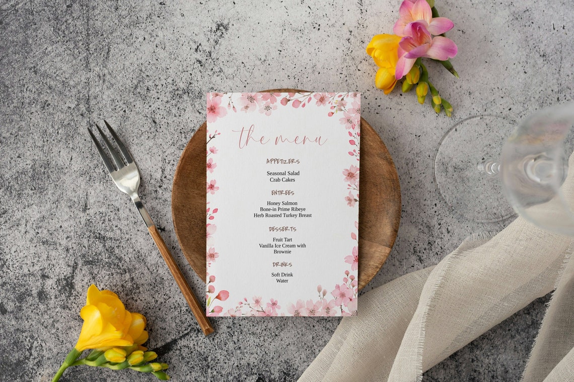 Cherry Blossom Wedding Menu Template, Spring Dinner Menu, Editable ...