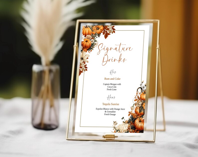 Autumn Pumpkin Floral Signature Cocktail Sign, Fall Wedding (digital ...