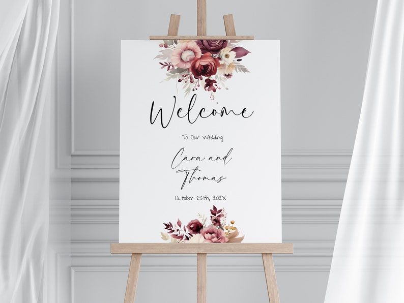 Burgundy Wedding Welcome Sign Poster, Roses Welcome Sign Template ...