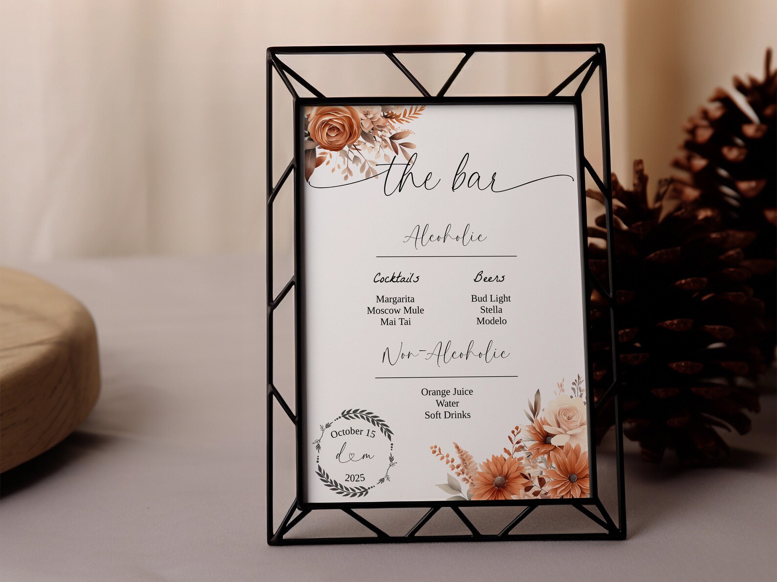 Orange Floral Open Bar Menu Template, Printable Menu, Fall Wedding ...