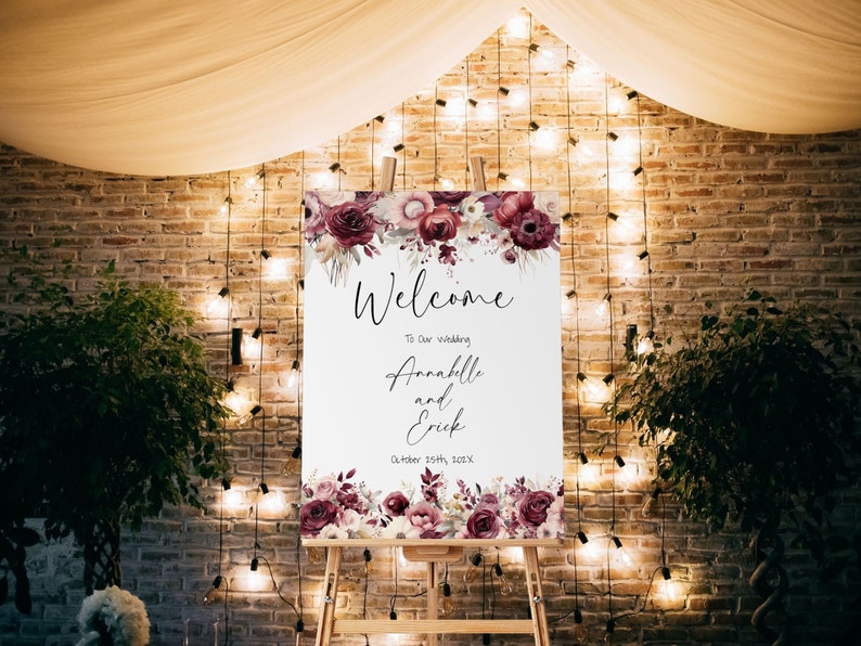 Burgundy Wedding Welcome Sign Poster, Roses Welcome Sign Template ...