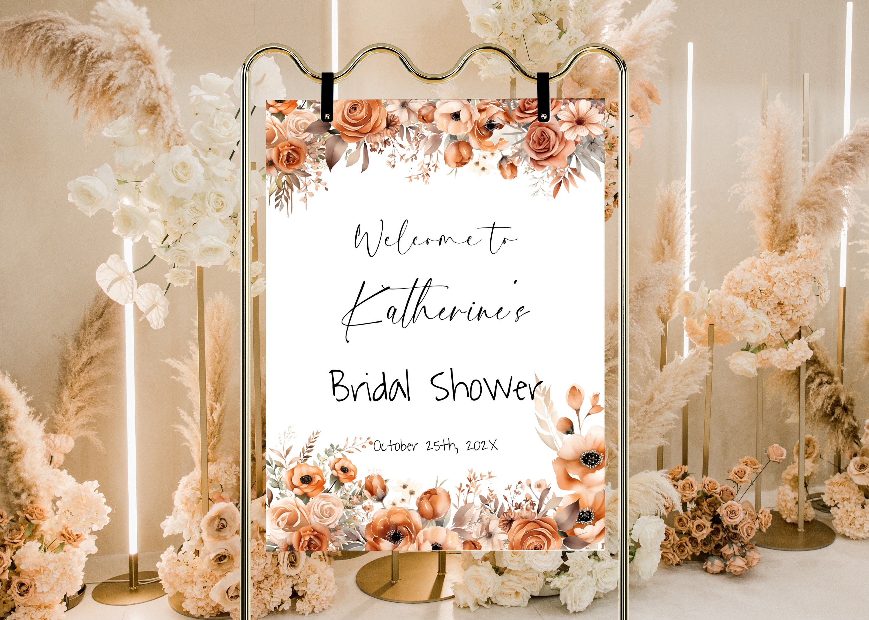 Fall Wedding Bridal Shower Welcome Sign, Orange Floral Welcome Sign ...