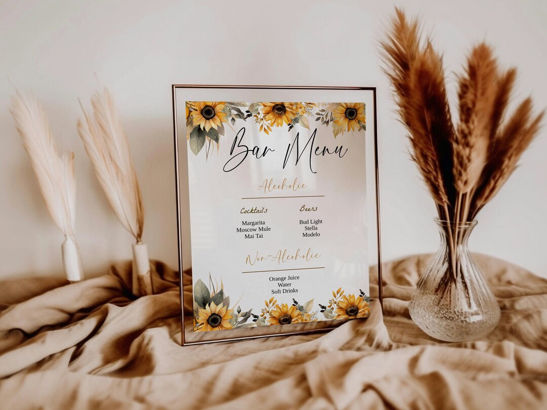 Sunflower Open Bar Menu Template, Printable Menu, Summer Wedding ...