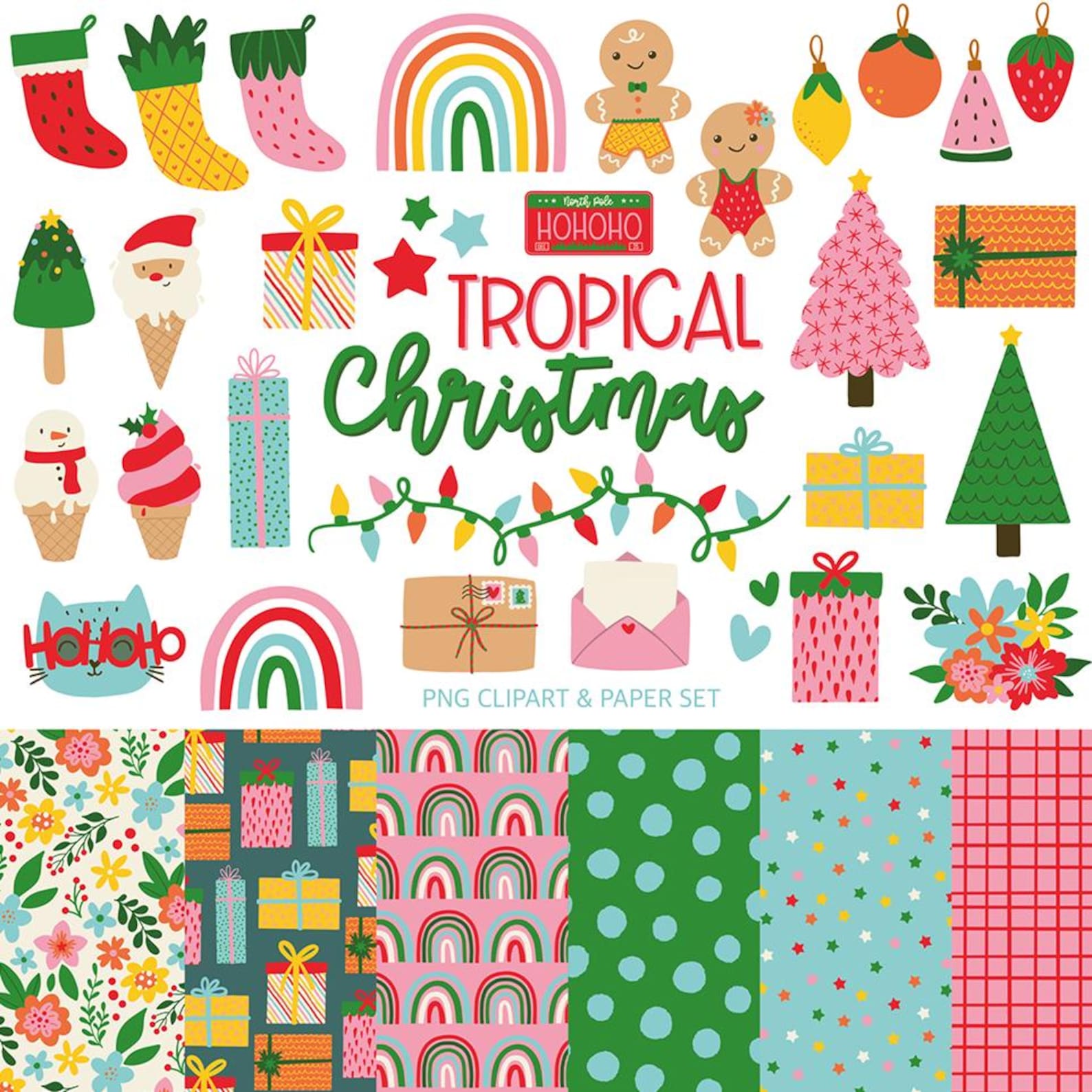 Tropical Christmas Clipart & Paper Set | Digital Clipart | Scrapbooking ...