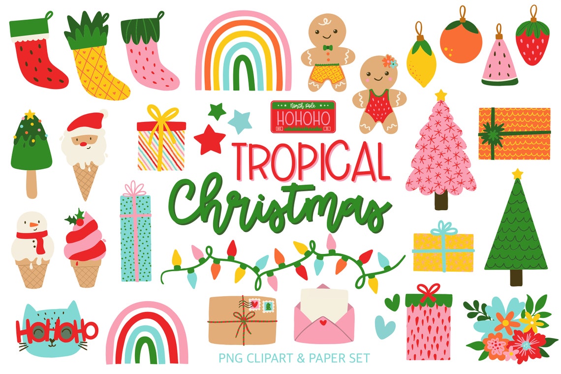 Tropical Christmas Clipart & Paper Set | Digital Clipart | Scrapbooking ...