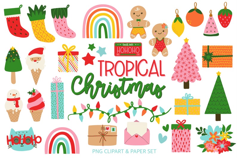 Tropical Christmas Clipart & Paper Set | Digital Clipart | Scrapbooking ...