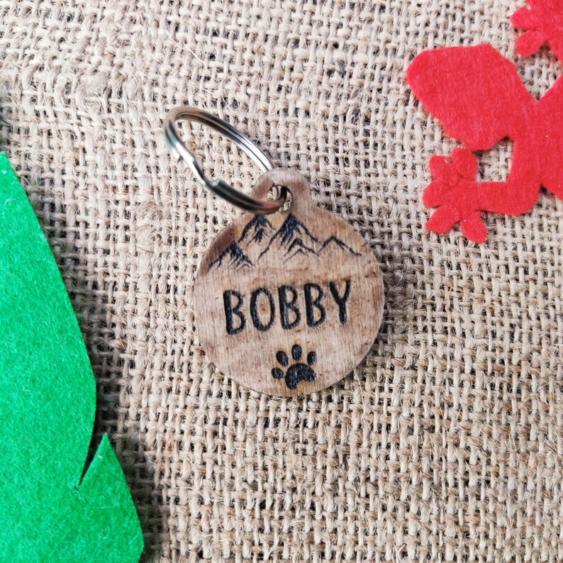 Personalised Wooden Dog Tag Mountain Dog Paw Custom Tag Collar ID Tag ...