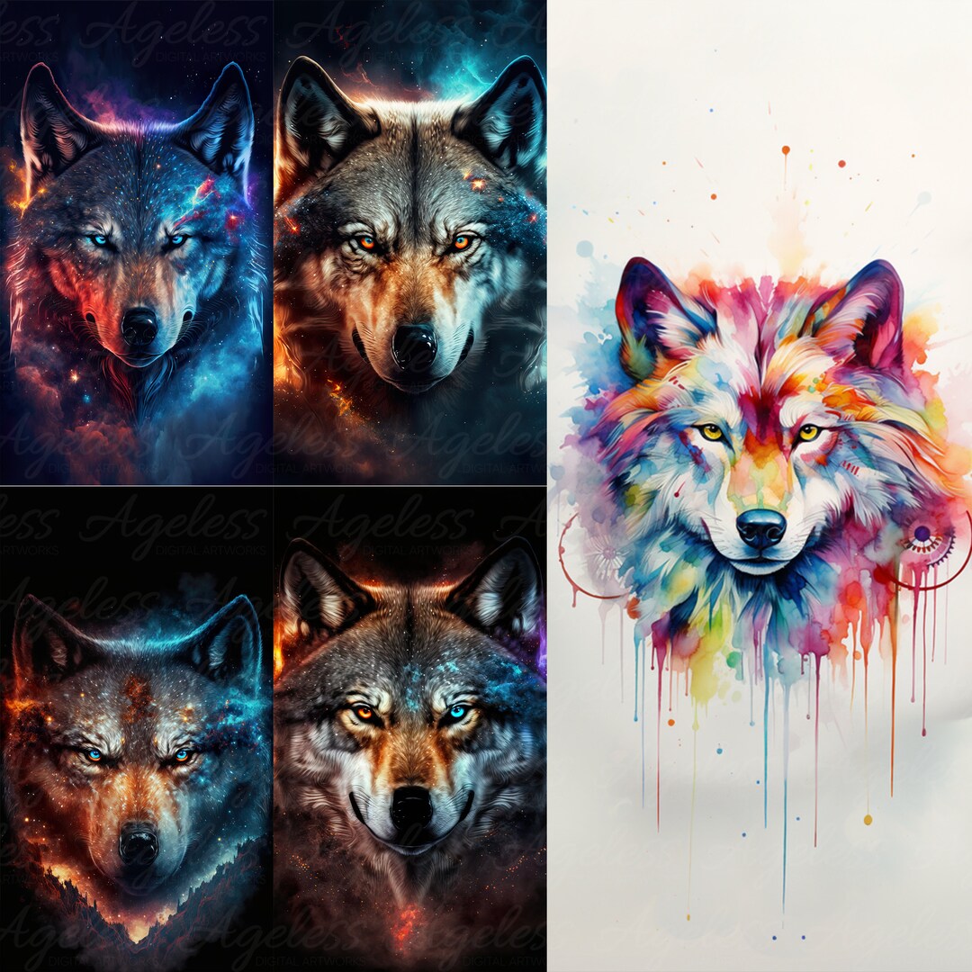 Wolf Head Wallpapers: Colorful PNG Bundle (digital Download) - Etsy