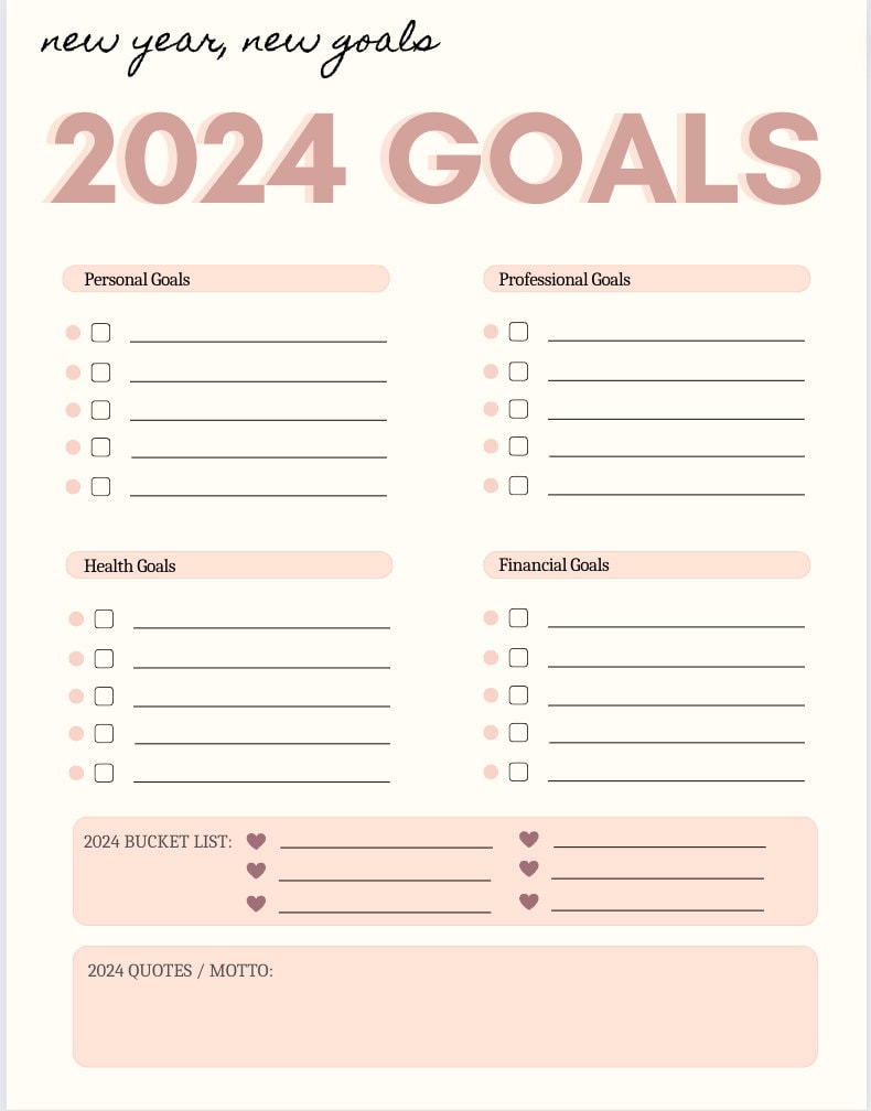 2024 Goals Template, Goals Printable Planner, 2024 Resolutions, 2024 ...