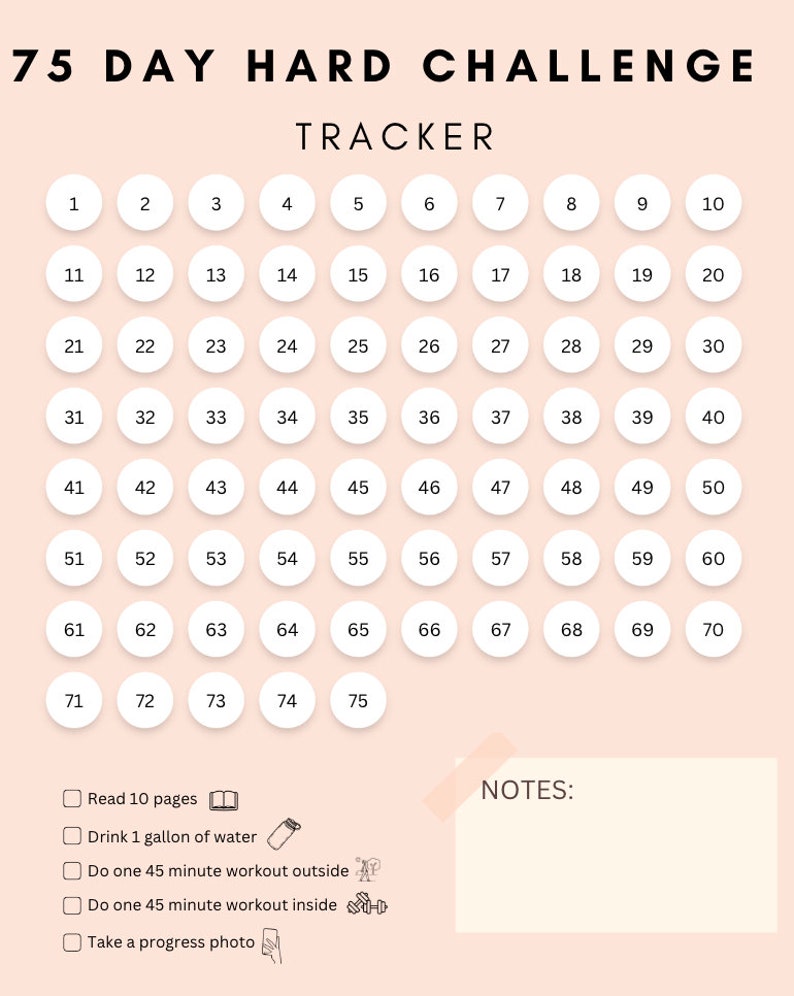 Simple One-page 75-day Hard Challenge Tracker, 75 Day Hard, Tracker ...