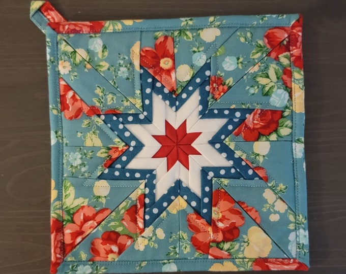 Handmade Hot Pad, Folded Star Hot Pad, Floral Trivet, Vintage Floral Hot Pad, Housewarming Gift ...