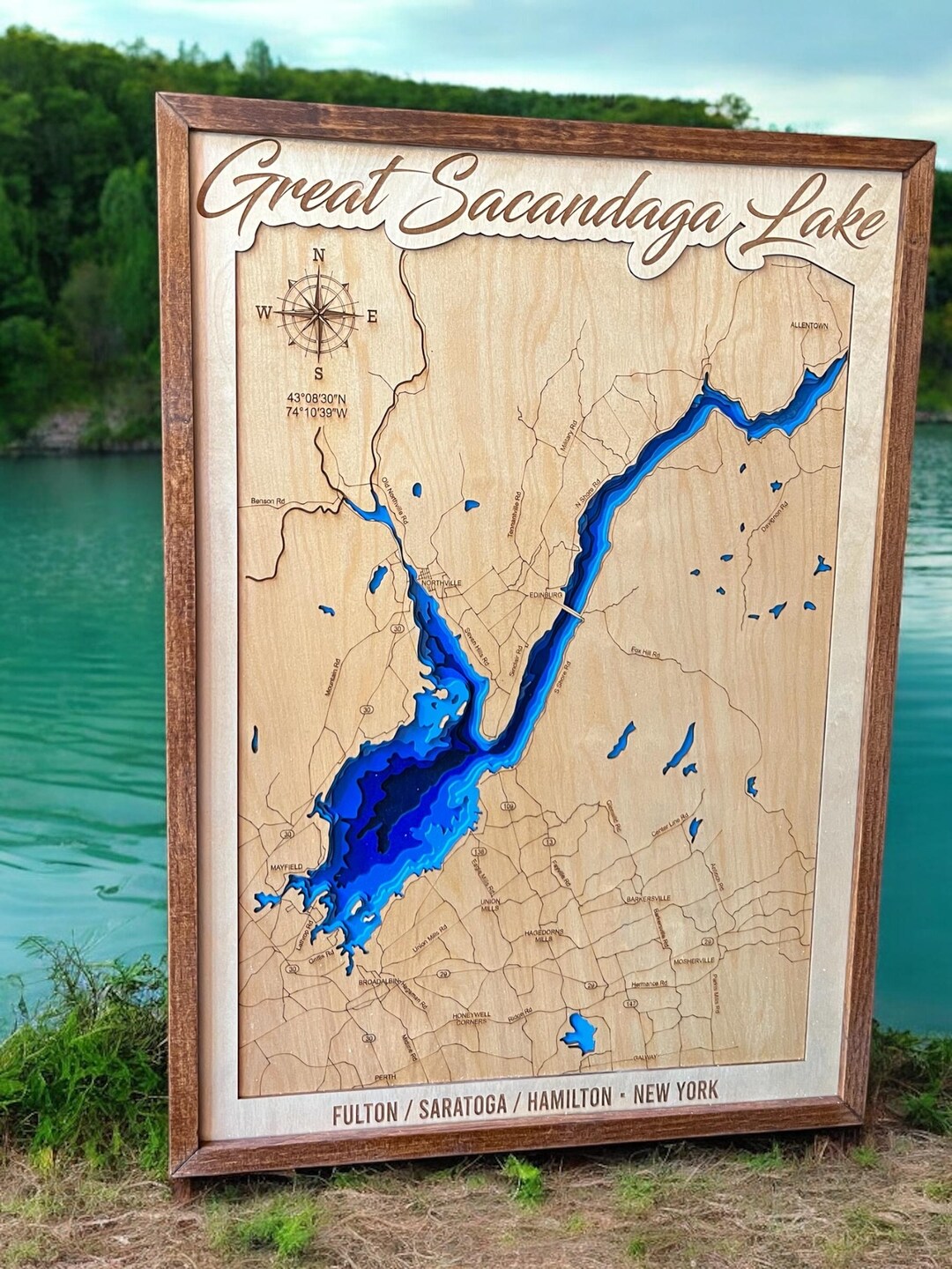 Handmade and Framed Great Sacandaga Lake in New York 3D Layered Wood ...
