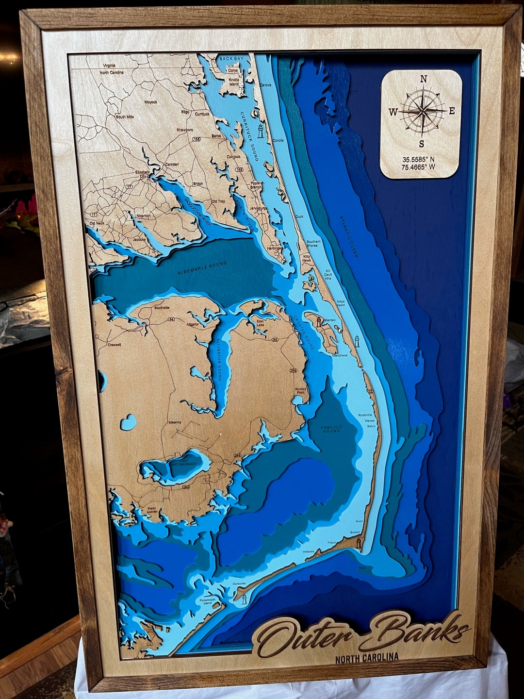Handmade Framed Outer Banks North Carolina Layered Nautical Wood Map ...