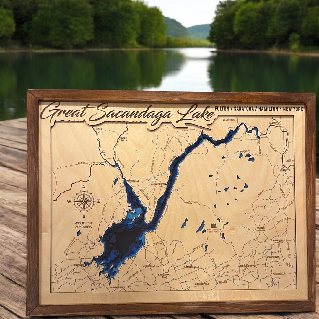 Handmade and Framed Wide Great Sacandaga Lake in New York 3D Layered ...