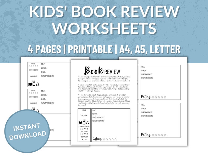 Kids' Book Review Printable Worksheets - Etsy