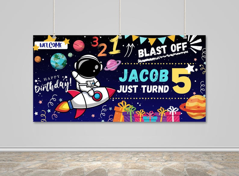 SPACE Birthday Banner, Backdrop Wall Sign 72x36, Editable Printable ...