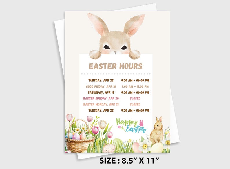 Easter Holiday Opening Hours 8.5 X 11 Inches, Printable Mobile Editable ...