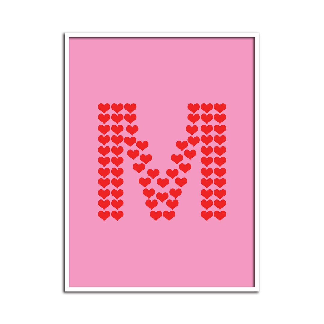 Pink and Red Heart Letter m Text Digital Downloadable Digital Wall Art ...