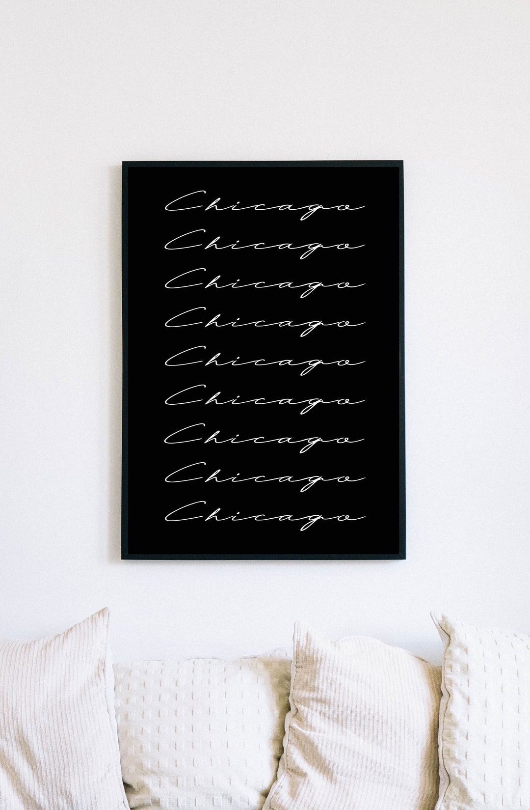 White and Black Chicago, Illinois Cursive Art Downloadable Digital City ...