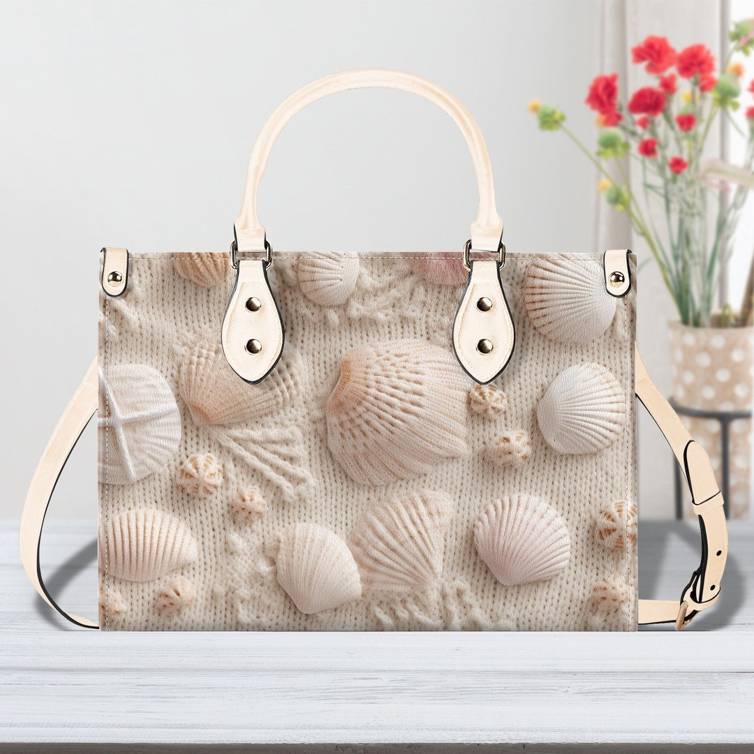 Faux Embroidered Seashell Print Leather Handbag, Summer Beach Print ...