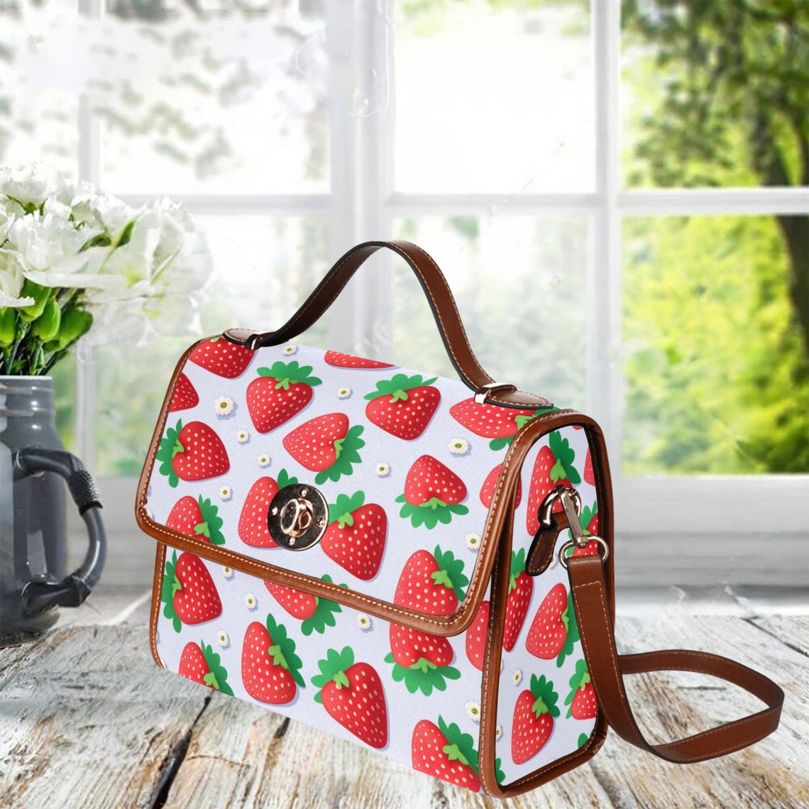Strawberry Print Handbag, Strawberry Print Purse, Canvas Handbag, Small ...